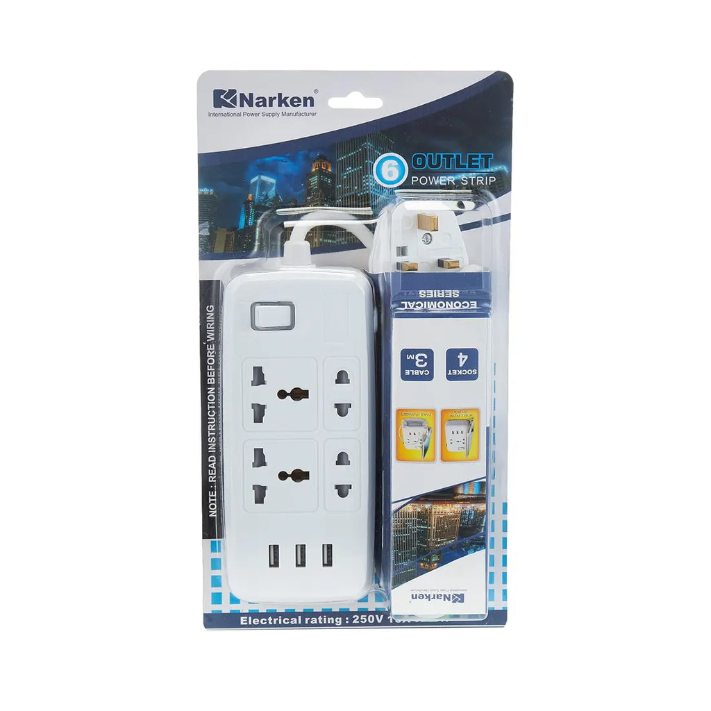 Narken Extension Cord 4 Socket 3 USB Charge 3 Meter Wire R634